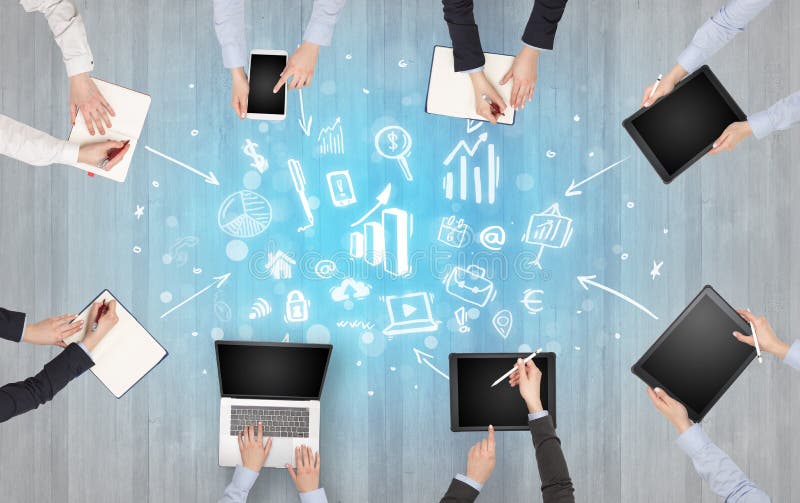 Group of People with Devices in Hands Working on Laptops and Tablets ...