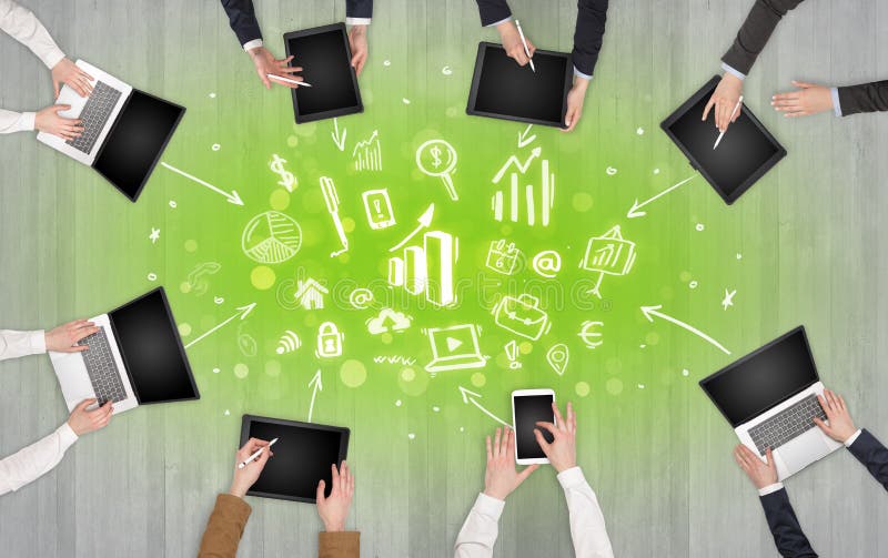 Group of People with Devices in Hands Working on Laptops, Tablets in ...