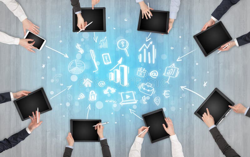 Group of People with Devices in Hands Working on Laptops, Tablets in ...