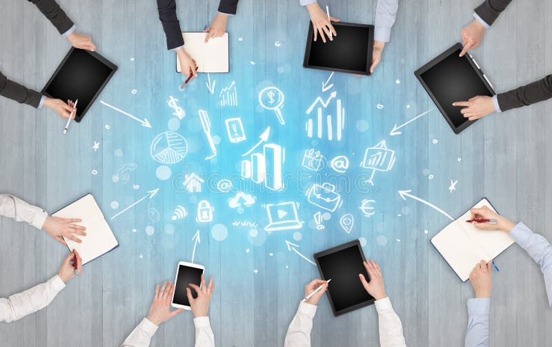 Group of People with Devices in Hands Working on Laptops, Tablets in ...