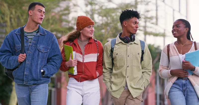 Group of People, Diversity and Talk As Friends with Walking Together ...