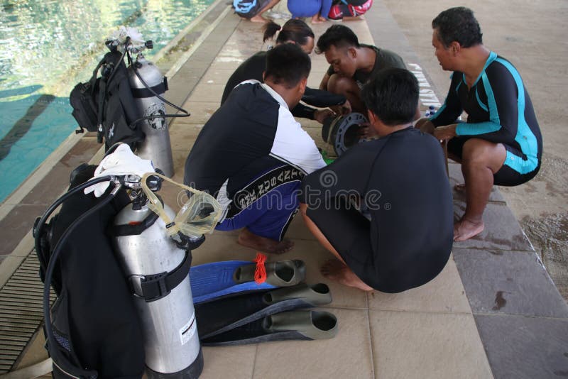 A Group of People Doing Diving Training in a Swimming Pool Editorial ...