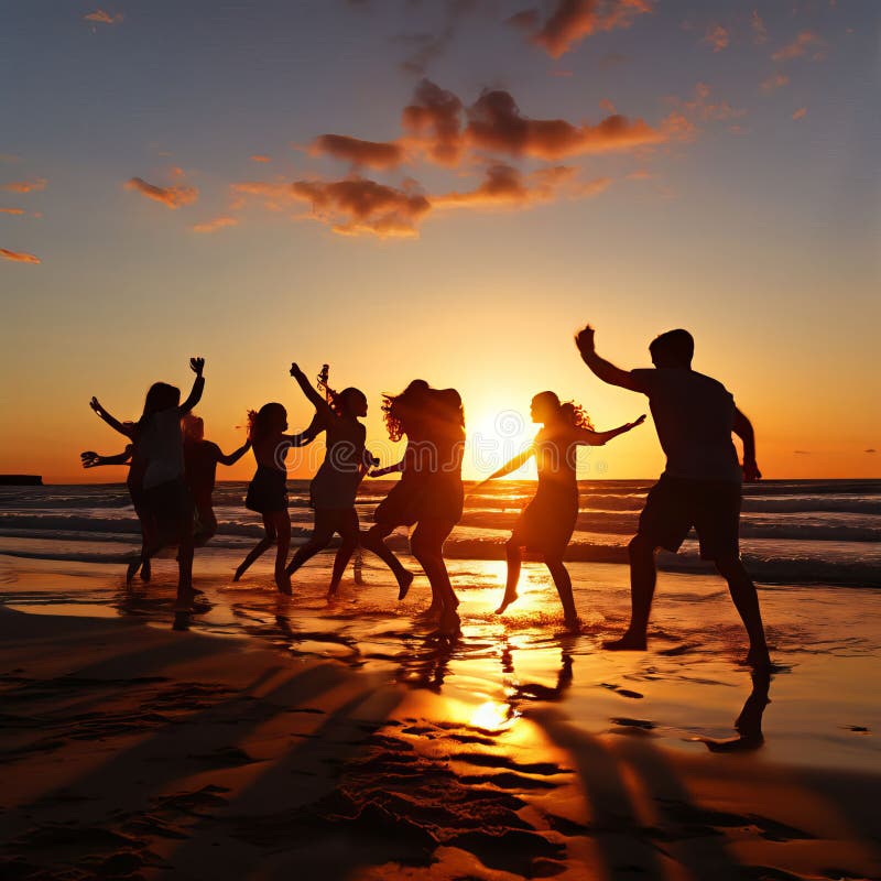 A Group of People Doing a Flash Mob Dance on a Beach at Sunst Stock ...