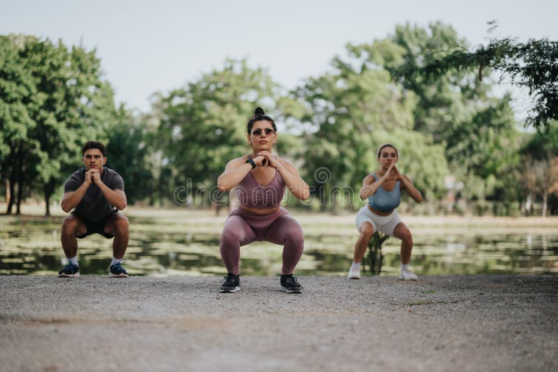 Group of People Doing Squats during an Outdoor Workout Session in the ...