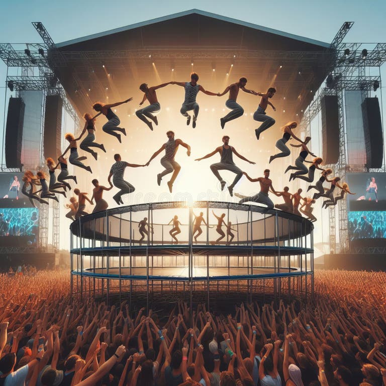 A Group of People Doing a Synchronized Trampoline Routine at Stock ...