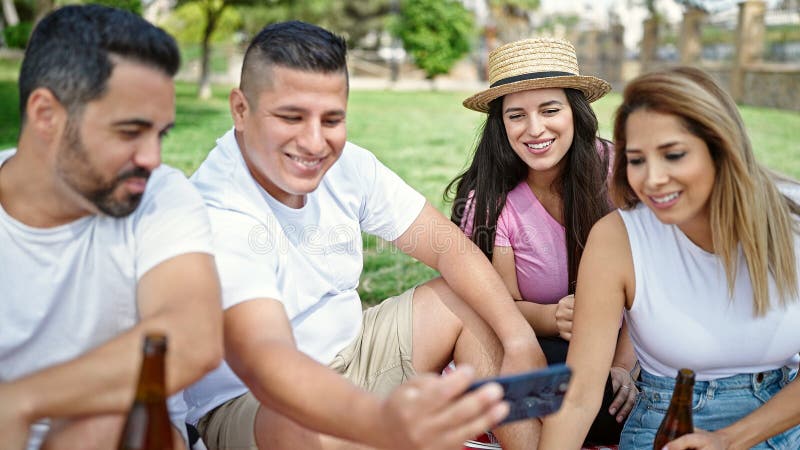 Group of People Doing Video Call Having Picnic at Park Stock Image ...
