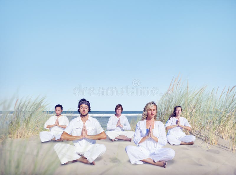 Group of People Doing Yoga on Beach Stock Photo - Image of physical ...