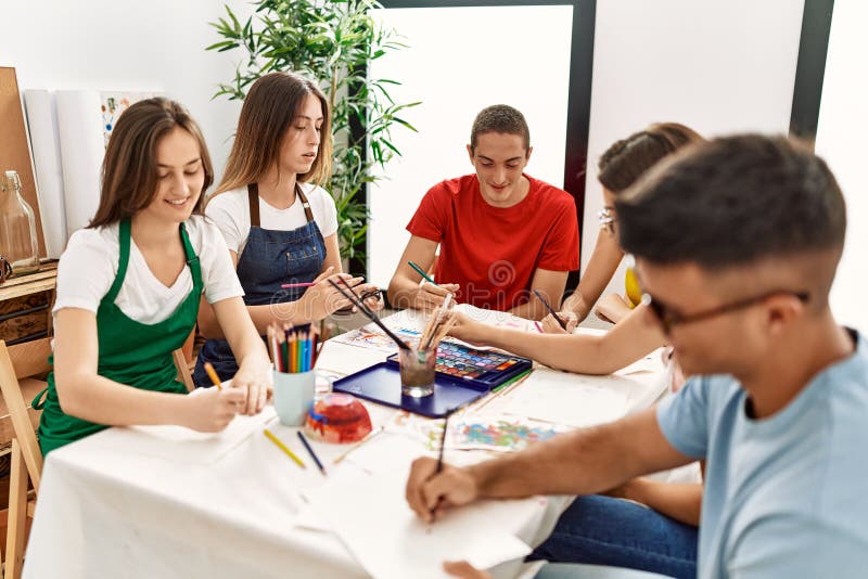 Group of People Smiling Happy and Looking Draw of Partner at Art Studio ...
