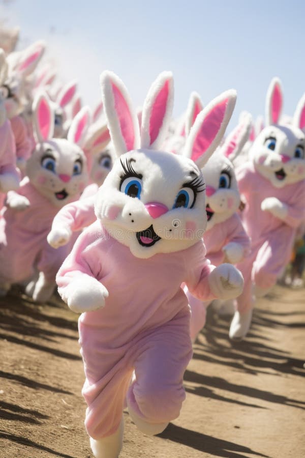 A Group of People Dressed As Bunny Rabbits Running Down a Dirt Road, AI ...