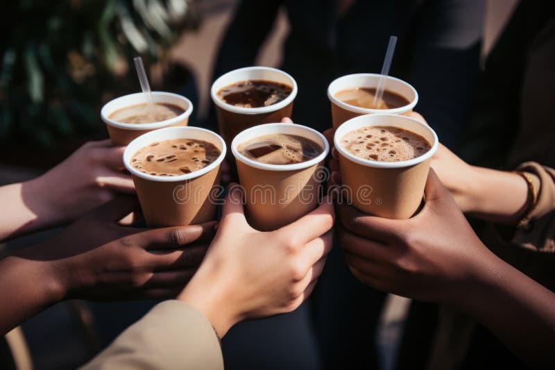 A Group of People Drinking Coffee Together Hands Holding Up Their Cups ...