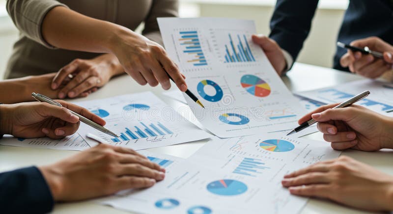 Group of People Engaged in a Discussion Over Printed Charts and Graphs ...