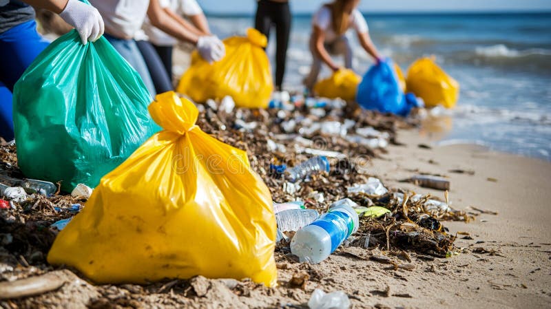 A Group of People Engaged in Garbage Collection on the Beach. Stock ...