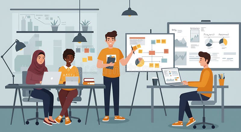 Diverse Team Collaborating in a Modern Office Space Stock Illustration ...