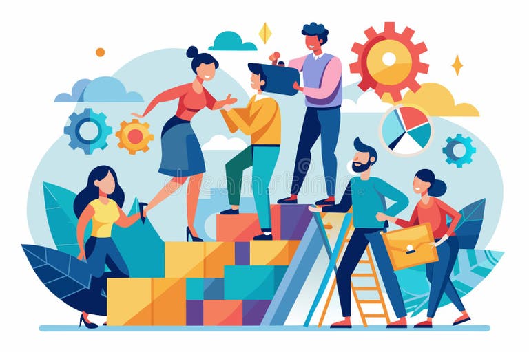 A Group of People Engaged in Teamwork, Climbing Steps while Sharing ...