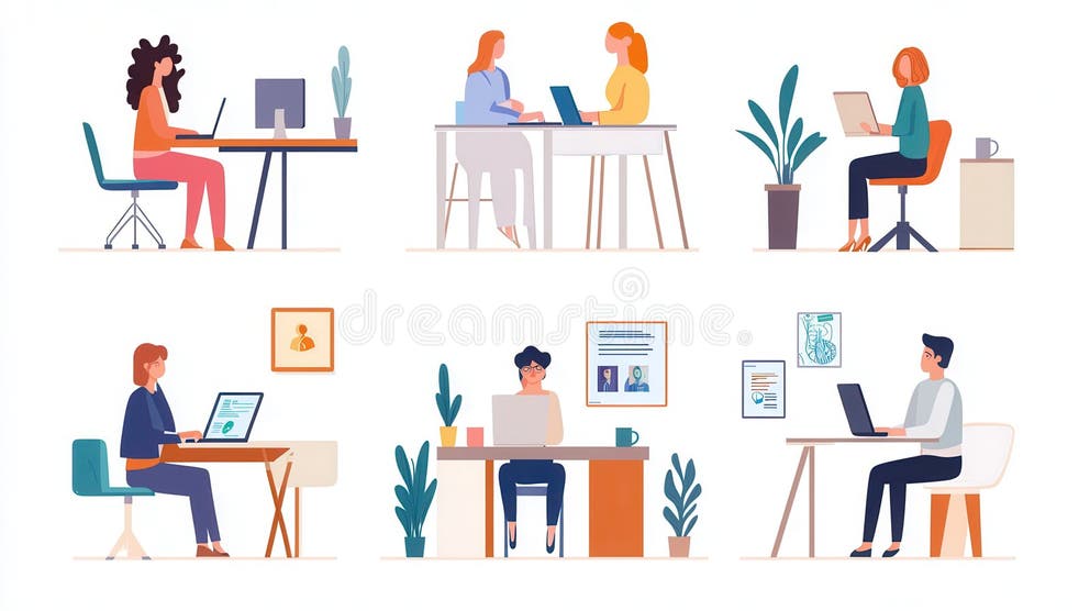 A Group of People Engages with Computers at Various Workstations ...