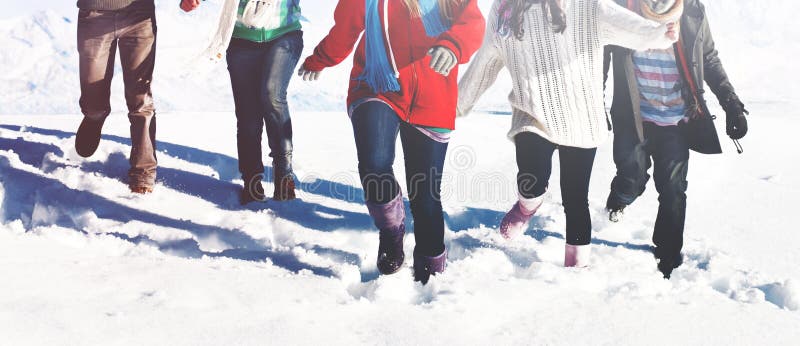 Group of People Sitting with Deck Chairs in Winter Mountains ...
