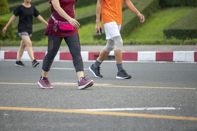 Group of People Exercise Walking, Running, Together Outdoors Workout in ...