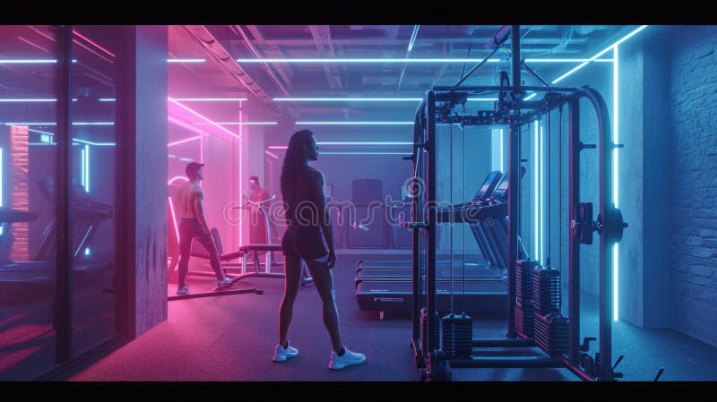 Group of People Exercising in a Neon-lit Gym. Generative AI. Stock ...