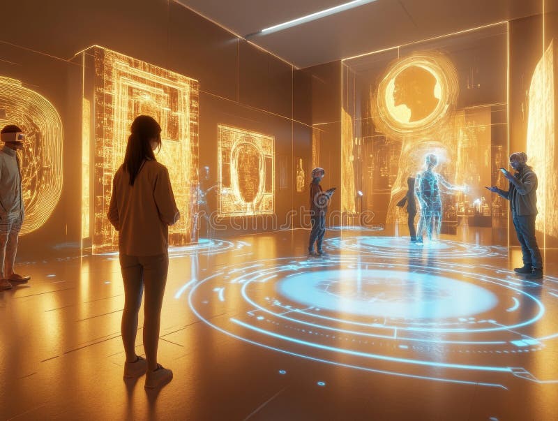 A Group of People Explore a Futuristic, High-tech Holographic Chamber ...