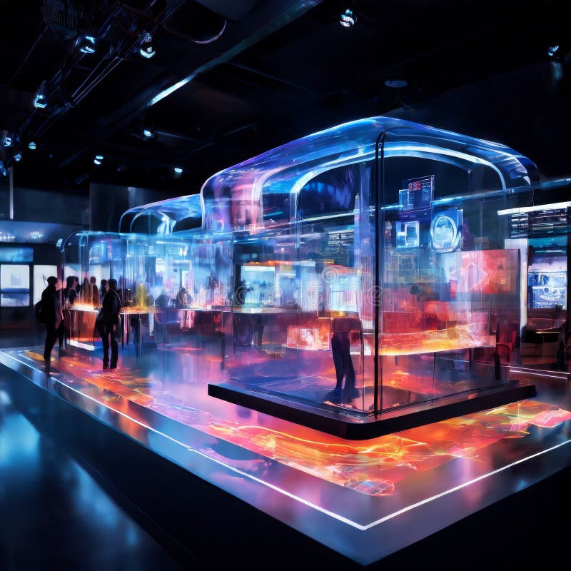 Interactive Digital Exhibition with Glowing Transparent Screens Stock ...