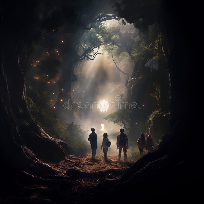 Group of People in the Fantasy Cave in the Mystical Forest Stock ...