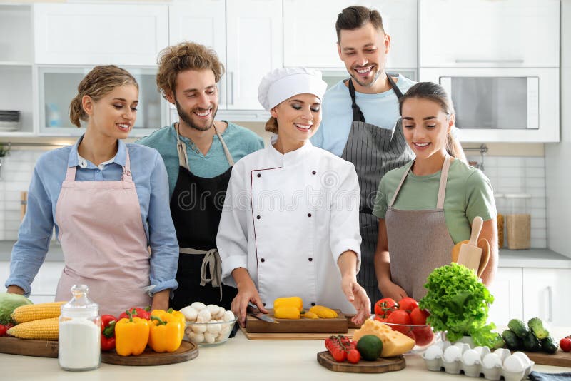 Group of People and Female Chef Stock Photo - Image of lesson, catering ...