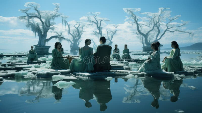 A Group of People Float on a Raft in a Sea of Melting Ice. Created with ...