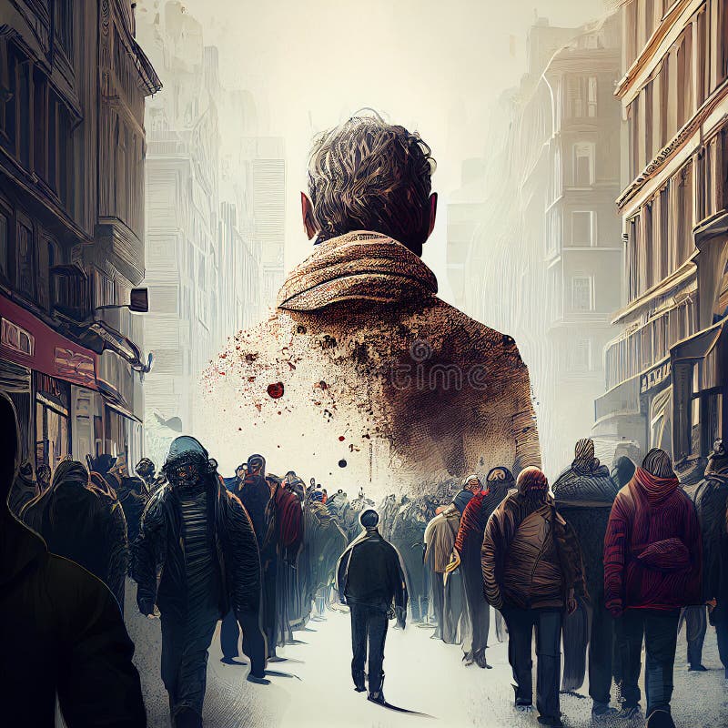 Group of People Following Huge Man Standing Out from the Crowd ...