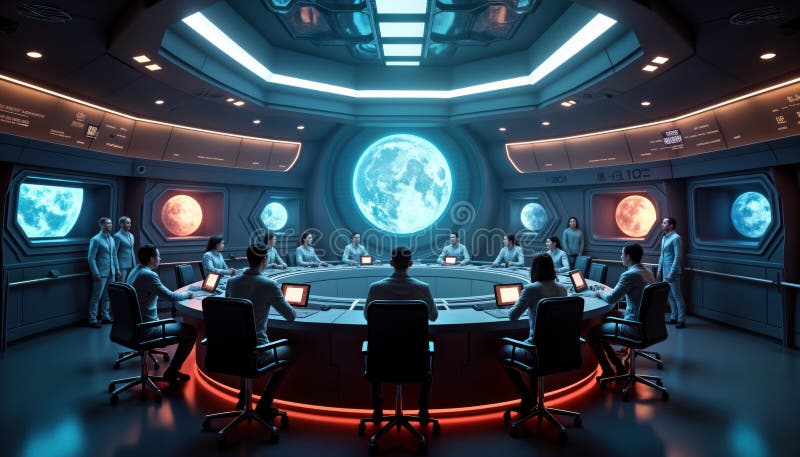 Group of People in Futuristic Space Station Conference Room ...