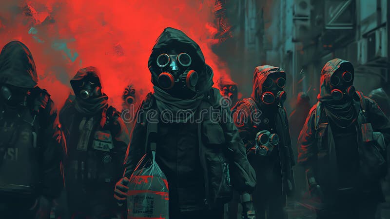 A Group of People in Gas Masks and Smoke in the City. Disaster 3d ...
