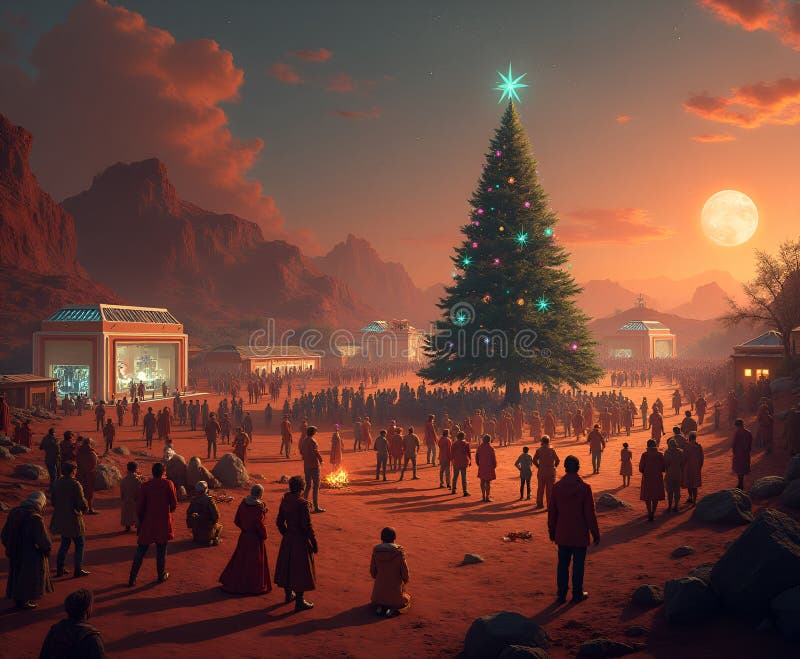A Group of People Gathered Around a Christmas Tree on Mars. AI ...