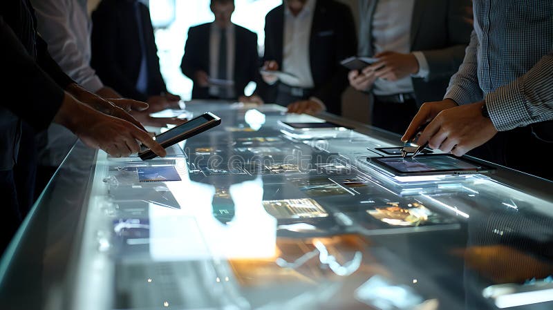 A Group of People are Gathered Around a Large Table with Many Screens ...