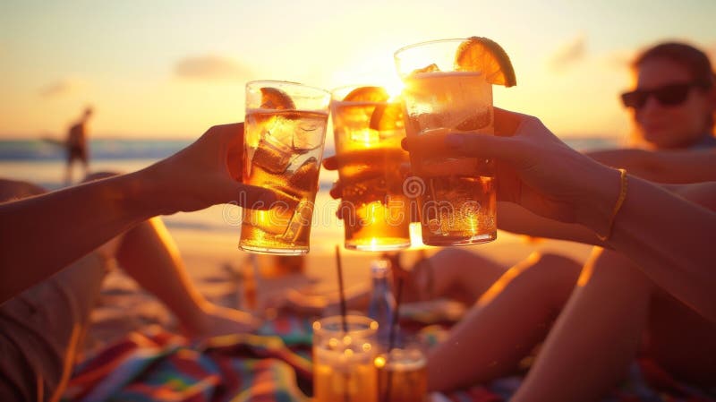 A Group of People Gathered on a Beach Blanket Toasting with Glasses of ...