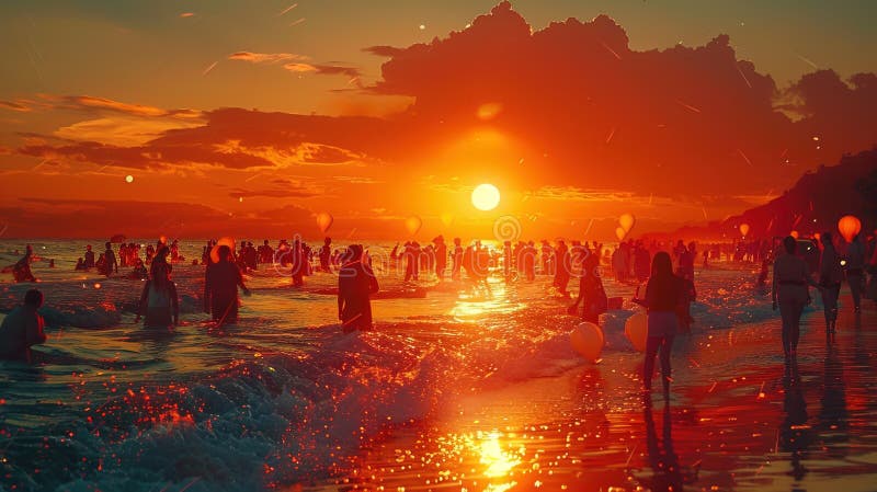 A Group of People are Gathered on a Beach at Sunset Stock Image - Image ...