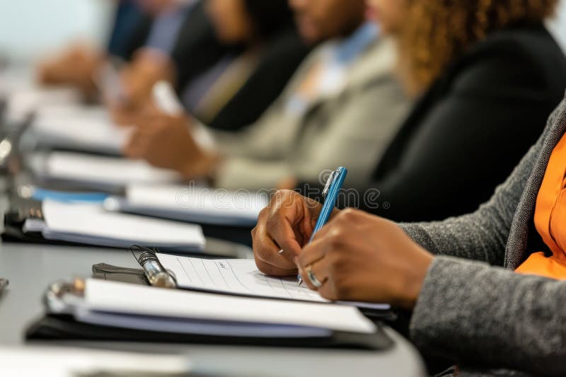 A Group of People is Gathered at a Table, Writing on Clipboards Stock ...