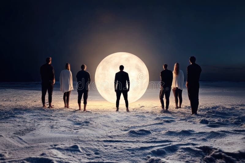 Group of People Gazing at Large Moon Sphere on Snowy Night Stock Photo ...