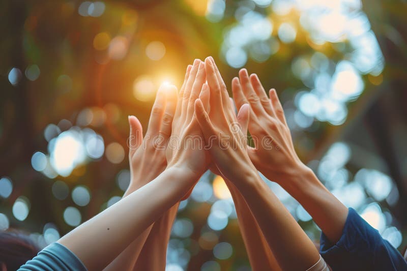 Group High Five Celebrating Teamwork Outdoors Stock Image - Image of ...