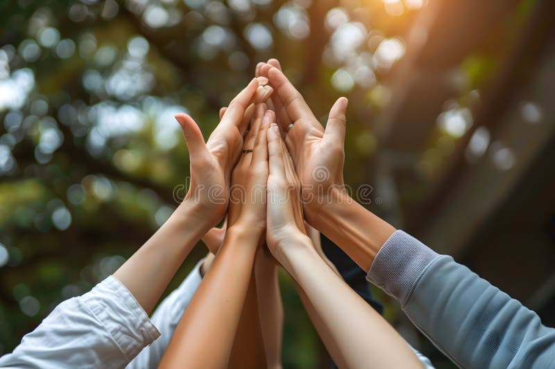 Group High Five Celebrating Teamwork Outdoors Stock Image - Image of ...