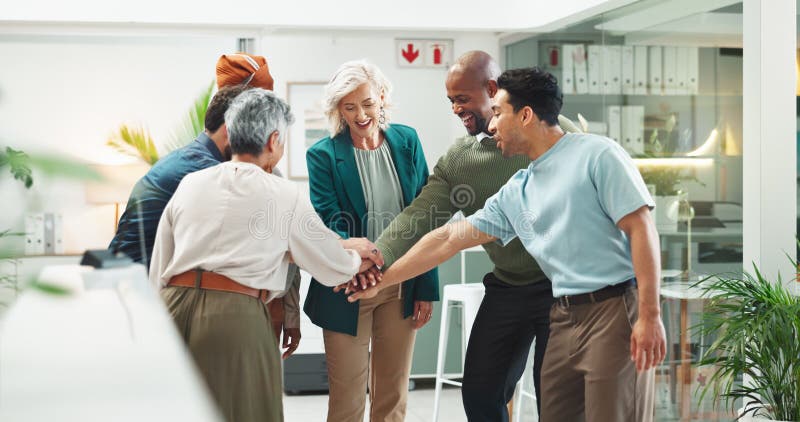 Group, People and Hand Stack in Office with Project Celebration ...