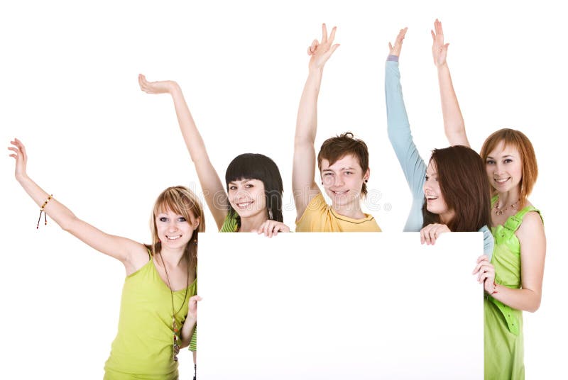 Group of People with Hand Up Take Banner. Stock Image - Image of ...