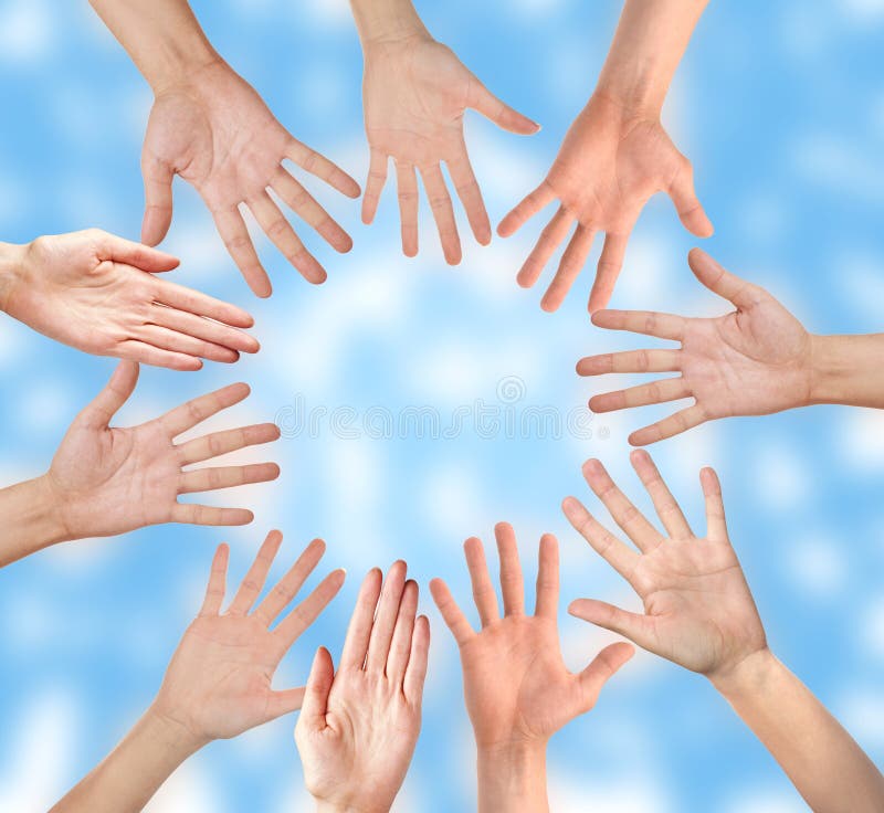 Group Of People Hands Together, Looking Up View, Over Sky Stock Photo ...