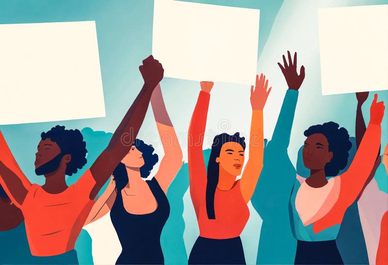 Group of People with Hands Up and Posters with Copy Space Stock ...