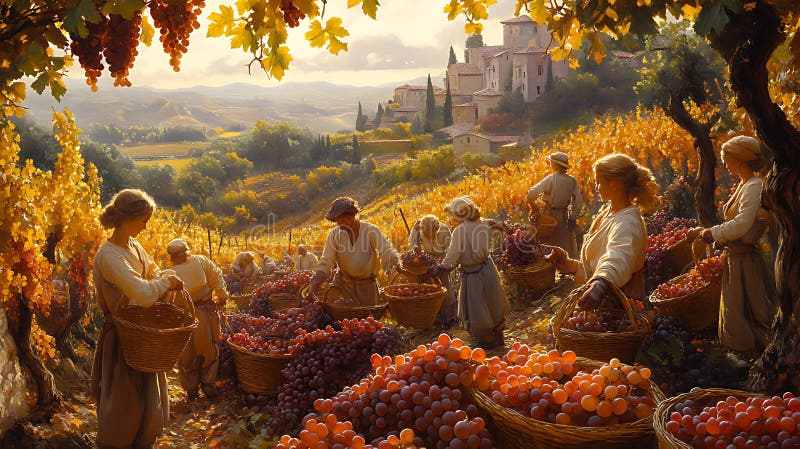 A Group of People Harvest Grapes in a Vineyard. the Setting Sun Casts a ...