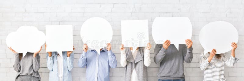 Group of People Hiding Faces Behind Blank Speech Bubbles Stock Image ...