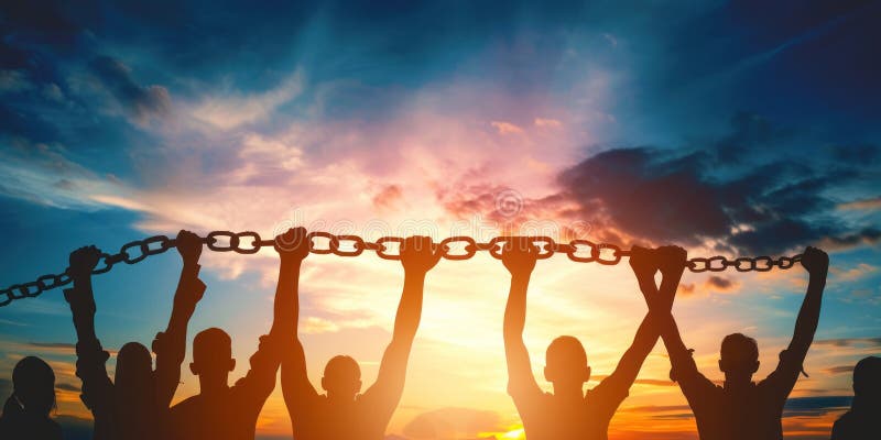 Group of People Holding Chains in Front of a Sunset Stock Image - Image ...