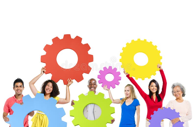Group of People Holding Gear Icon Stock Image - Image of caucasian ...