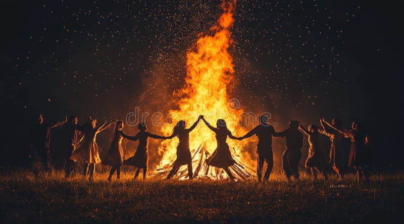 A Group of People Holding Hands Around a Large Bonfire on a Starry ...
