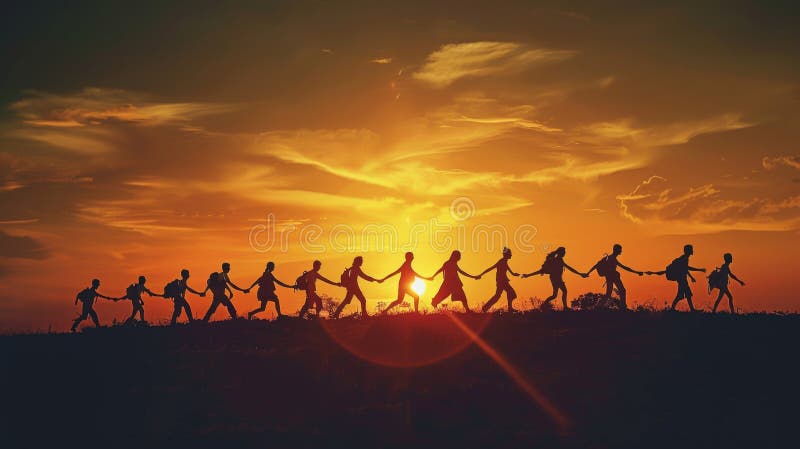 Group of People Holding Hands Walking Towards Sunset Stock Illustration ...