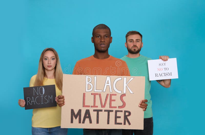 Group of People Holding Signs on Grey Background. Racism Concept Stock ...