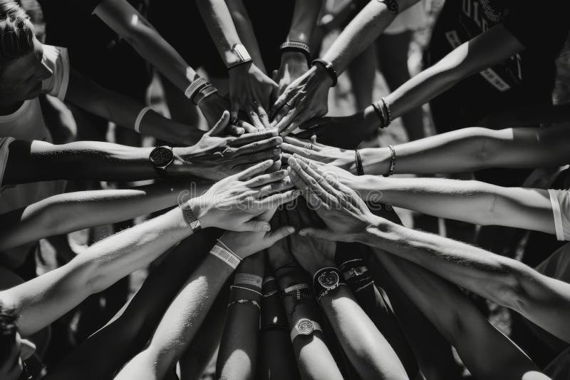 A Group of People Huddle Together, Their Hands Clasped in Unity ...